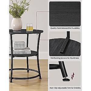 VASAGLE Side Table, Round End Table with 2 Shelves for Living Room, Bedroom, Nightstand with Steel Frame for Small Spaces, Outdoor Accent Coffee Table, Charcoal Gray and Black