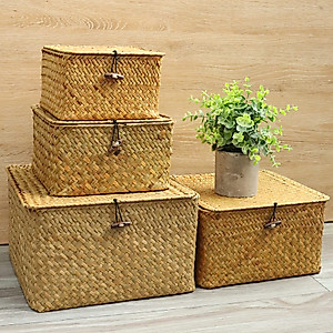 FEILANDUO 4Pcs Wicker Storage Baskets with Lids Seagrass Woven Baskets for Shelves Stackable Storage Boxes for Organizing Rattan Bins (Natural)