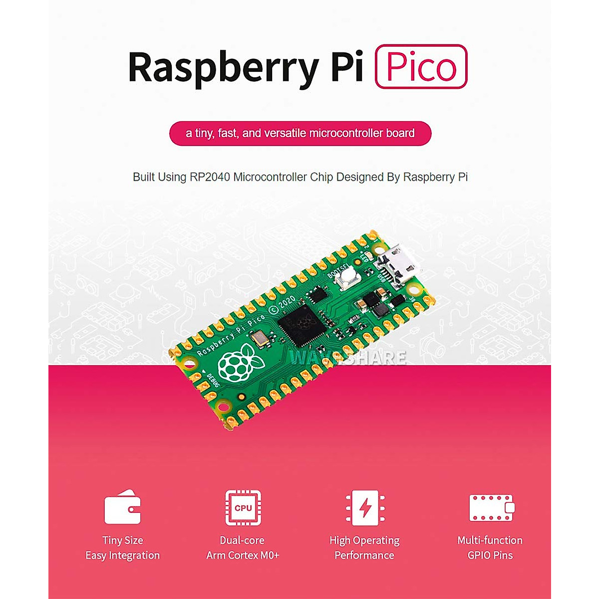 waveshare with Yellow Pre-Soldered Header Raspberry Pi Pico Microcontroller Board, RP2040 Chip,Dual-Core ARM Cortex M0+ Processor, Flexible Clock Running up to 133 MHz Support C/C++,MicroPython