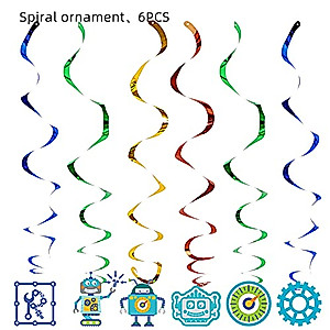 50Pcs Robot Party Supplies Set-Including Happy Birthday Banner,Cake Topper and Cupcake Toppers,Spiral Ornaments,Latex balloons for kid s Boys Robot Theme Party Decoration