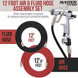 Master Elite Series 12 Foot Air and Fluid Hose Assembly Set with Fittings for Spray Guns, Paint Pressure Pot Tanks, Professional Heavy Duty - Air Hose 3/8" NPS, 5/16" ID - Fluid Hose 1/4" NPS, 1/4" ID