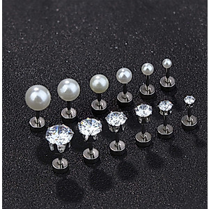 Jstyle 12Pairs Stainless Steel Round Clear Cubic Zirconia Pearl Stud Earring for Women CZ Earrings 3-8MM