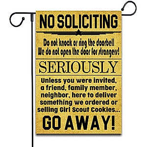 Funny No Soliciting Flag Homeowners Flag Funny Go Away Flag Funny Garden Flag No Soliciting Sign mothers day House Gift Decor Yard Decor Outdoor Decor Double Sided Flax Garden Flag 12" x 18"