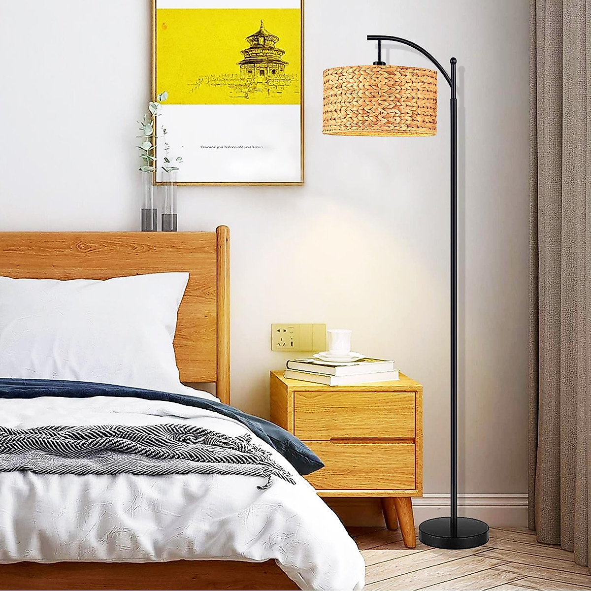 QIYIZM Floor Lamp for Living Room Bedroom Farmhouse Arc Rattan Boho Standing Lamp with Remote Dimmable Black Wicker Bamboo Lamp Shade Floor Light Adjustable Tall Lamp Industrial Floor Lamps Bohemian