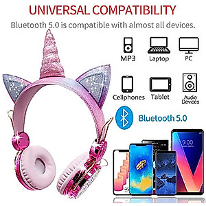Kids Headphones, Wireless headphones for kids Unicorn headphones for girls Bluetooth headphones w/Mic with Adjustable Headband, Over On Ear Headset for Smartphones/School/Kindle/Tablet/PC Online Study