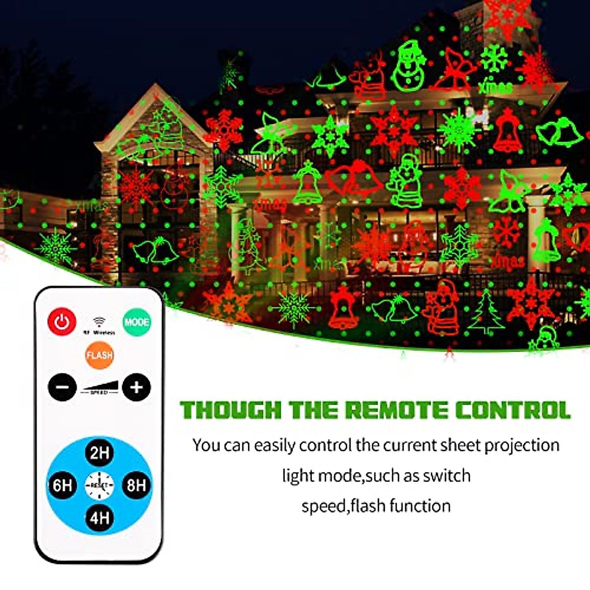 Christmas Laser Lights, Projector Lights Led Landscape Spotlight Red and Green Star Show with Rf Wireless Remote Christmas Decorative for Indoor Outdoor Garden Patio Wall Xmas Holiday Party