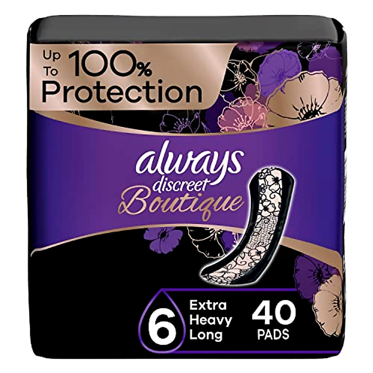 Always Discreet Boutique, Incontinence & Postpartum Pads For Women, Size 6, Extra Heavy Absorbency, Long Length, 20 Count x 2 Pack (40 Count total)