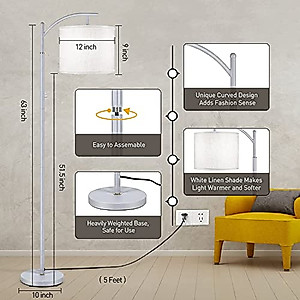 OUTON LED Floor Lamp, 3 Color Temperatures Modern Lamp with Rotary Switch, Adjustable Tall Standing Reading Lamp with Hanging White Linen Texture Shade for Living Room, Bedroom, Office, Silver Grey