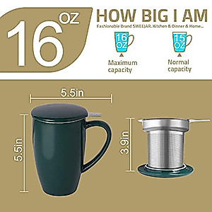 Sweejar Porcelain Tea Mug with Infuser and Lid,Teaware with Filter, Loose Leaf Tea Cup Steeper Maker, 16 Fl Oz for Tea/Coffee/Milk/Women/Office/Home/Gift (White)