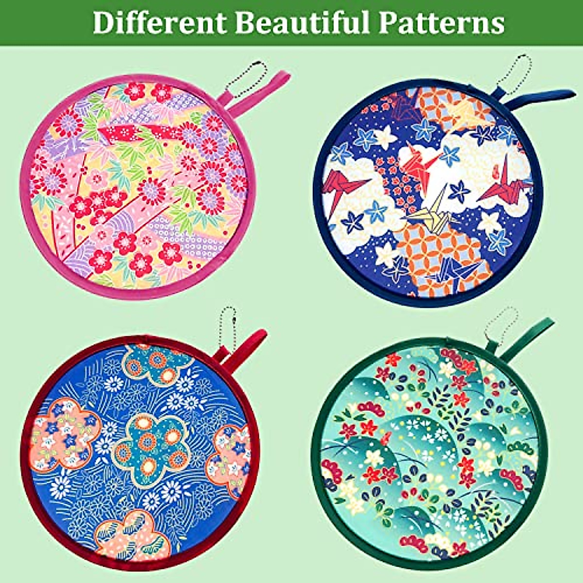 MXY Foldable Fan Round Japanese Style Summer Handheld Folding Fans Festival Wedding Party Decor Home Personal Decoration 4 Units Different Beautiful Patterns