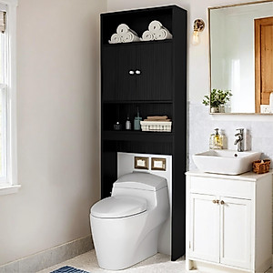 Tydaris Over The Toilet Storage Cabinet - Wood Over Toilet Bathroom Cabinet with Adjustable Shelf and Double Doors, Bathroom Space Saver Organizer, Taller Free Standing Toilet Rack, Black
