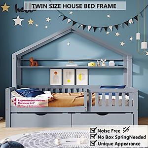 Aoowow Twin Size House Bed with Storage Drawers & Shelf,Kids Wooden Bed Frame Twin Platform Bed with Slats and Fence for Boys Girls Teens for Bedroom(Grey)