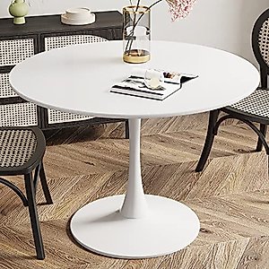 Recaceik Modern Round Dining Table, 42.1'' Tulip Table with MDF Table Top & Metal Pedestal Base for Dining Room Living Room Cafe w/ 0.71” Thickened Tabletop for 4-6 People, White