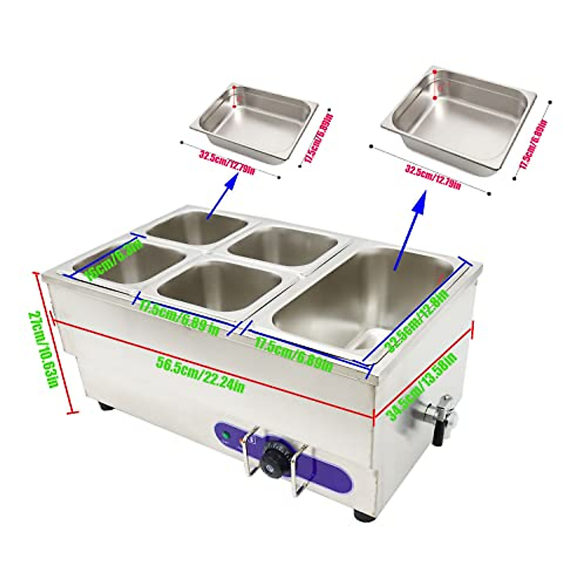 INTSUPERMAI 5 Pots Electric Commercial Food Soup Warmer Canteen Buffet Steam Heater Stainless Steel 110V 1500W 1/6 GN x4+1/3GN x1 6 inch deep Adjustable Temp Restaurants, Catering and Parties