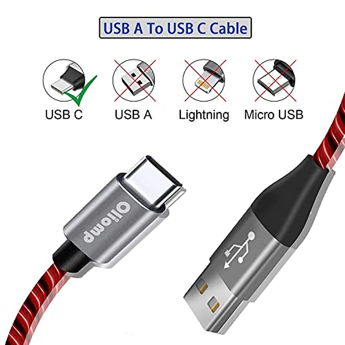 Oliomp USB C Cable, Type C Charging Cable Fast Charge, Lighted Up LED Cable, USB Type C Cable Compatible with Samsung Galaxy S21 Ultra S21 S20 S10 S9 S8 Plus Note 20 10 9 Pixel (6ft, Red)