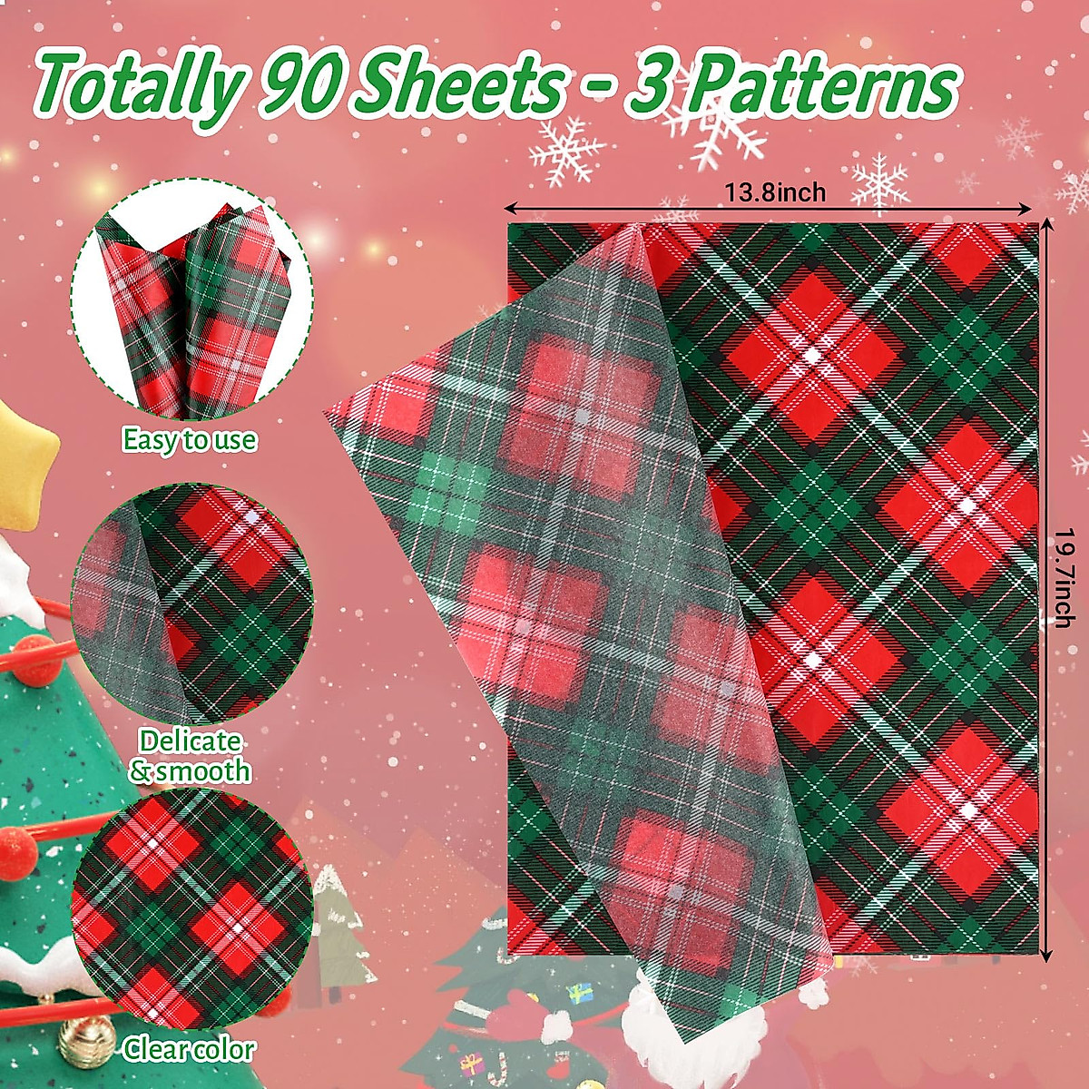Bolsome 90 Sheets Christmas Buffalo Plaid Tissue Bulk for Gift Wrapping, Red Black White Green Plaid Tissue Paper for Gift Bags, Rustic Tissue Paper for Winter Holidays Xmas New Year DIY Craft