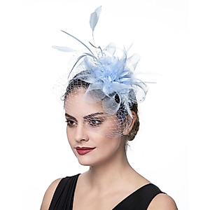 SAFERIN Fascinators Hat Flower Mesh Ribbons Feathers on a Headband and a Clip Tea Party Headwear for Girls and Women (Polyester, ST01-Light Blue)