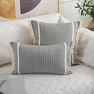 OJIA Modern Throw Pillow Cover with Tassels, Decorative Liana Fringe Accent Cushion Case, Farmhouse Woven Pillowcase for Sofa Chair Couch Bed Decor (Lumbar 12 x 20 Inches, Grey)