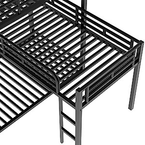 VOGU Metal Twin Over Bunk Bed, L-Shaped Triple Bunk Bed Attached Twin Loft Bed, Triple Bunk Bed Frame with LadderFull-Length Guardrails, Maximum Load 400 lbs for Kids Teens Adults, Black(Triple Bed)
