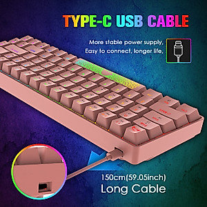60% Ture Mechanical Gaming Keyboard and Mouse Combo Samll Mini RGB Chroma 68Key Keyboard, Detachable USB Type-C Cable，Lightweight 6400DPI Honeycomb Mouse Compatible with PS4,Xbox,PC,Laptop,MAC