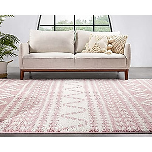 Well Woven Tribal Diamond Stripes Blush Pink Soft Shag Area Rug 5x7 (5'3"x7'3")