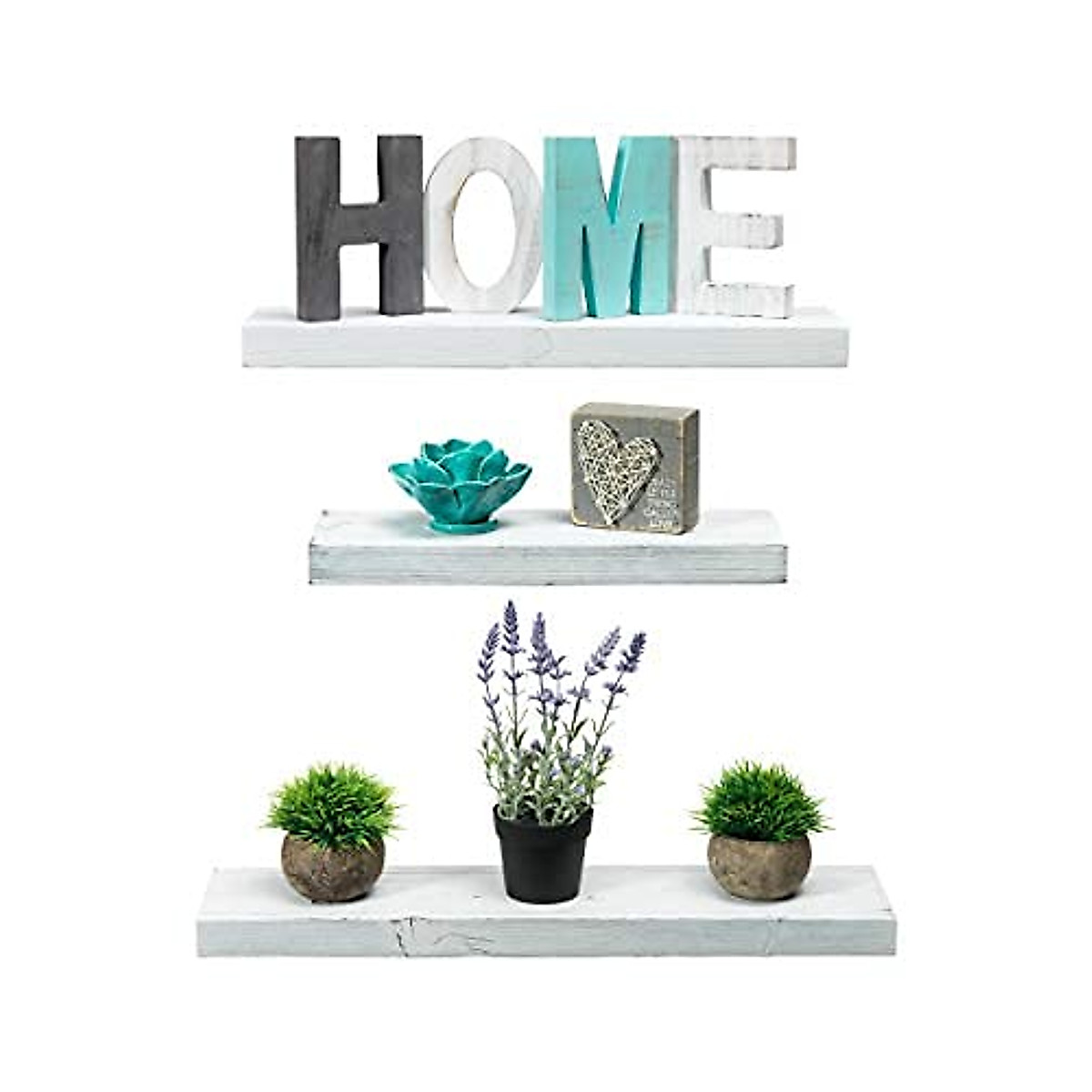 Mark One Home Goods Rustic Farmhouse 3 Tier Floating Wood Shelf - Floating Wall Shelves (Set of 3), Hardware and Fasteners Included (White, 3 Tier)