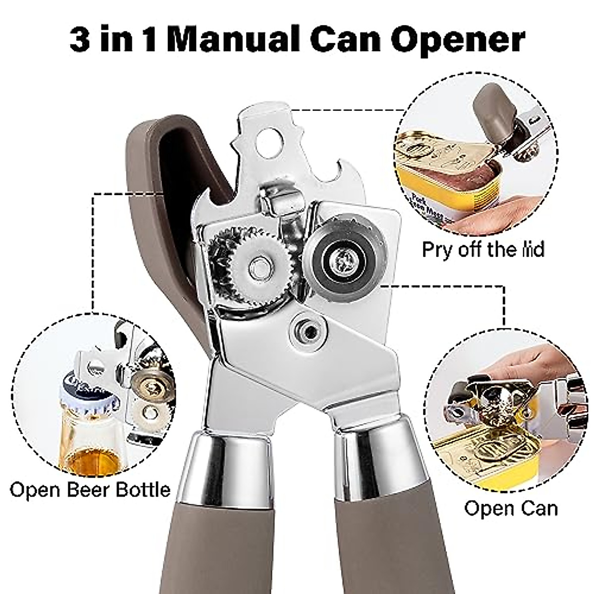 Can Opener Manual, TJ POP Can Opener, Heavy Duty Hand Held Can Openers, Stainless Steel Can Opener Smooth Edge, Easy Turn Knob, with Bottle Opener, Kitchen Gadgets Brown