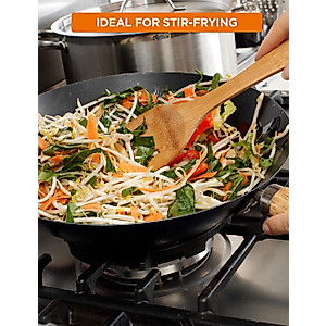 Commercial CHEF 12" Carbon Steel Wok with Acacia Wood Handle, Non Stick Stir Fry Pan with Ceramic Coating, Safe for Any Cooktop or Grill, Lighter and Cools Faster than Cast Iron