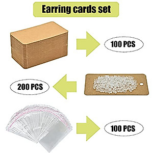 Twavang Earring Card Holder Set, 100Pcs Kraft Paper Earring Display Cards, 100 Pairs Clear Earring Backs with 100Pcs Self Adhesive Bags for Earrings Jewelry Display (Brown, 3.5" x 2")