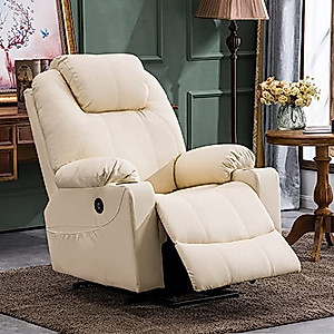 MCombo Large Power Lift Recliner Chair with Massage and Heat for Elderly Big and Tall People, 3 Positions, 2 Side Pockets, and Cup Holders, USB Ports, Faux Leather 7516 (Large, Cream White)