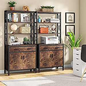 LITTLE TREE 4-Tier Bookshelf Bookcase with Drawer, Tall Industrial Etagere Book Shelves Storage Cabinet for Living Room, Home Office, Rustic Brown