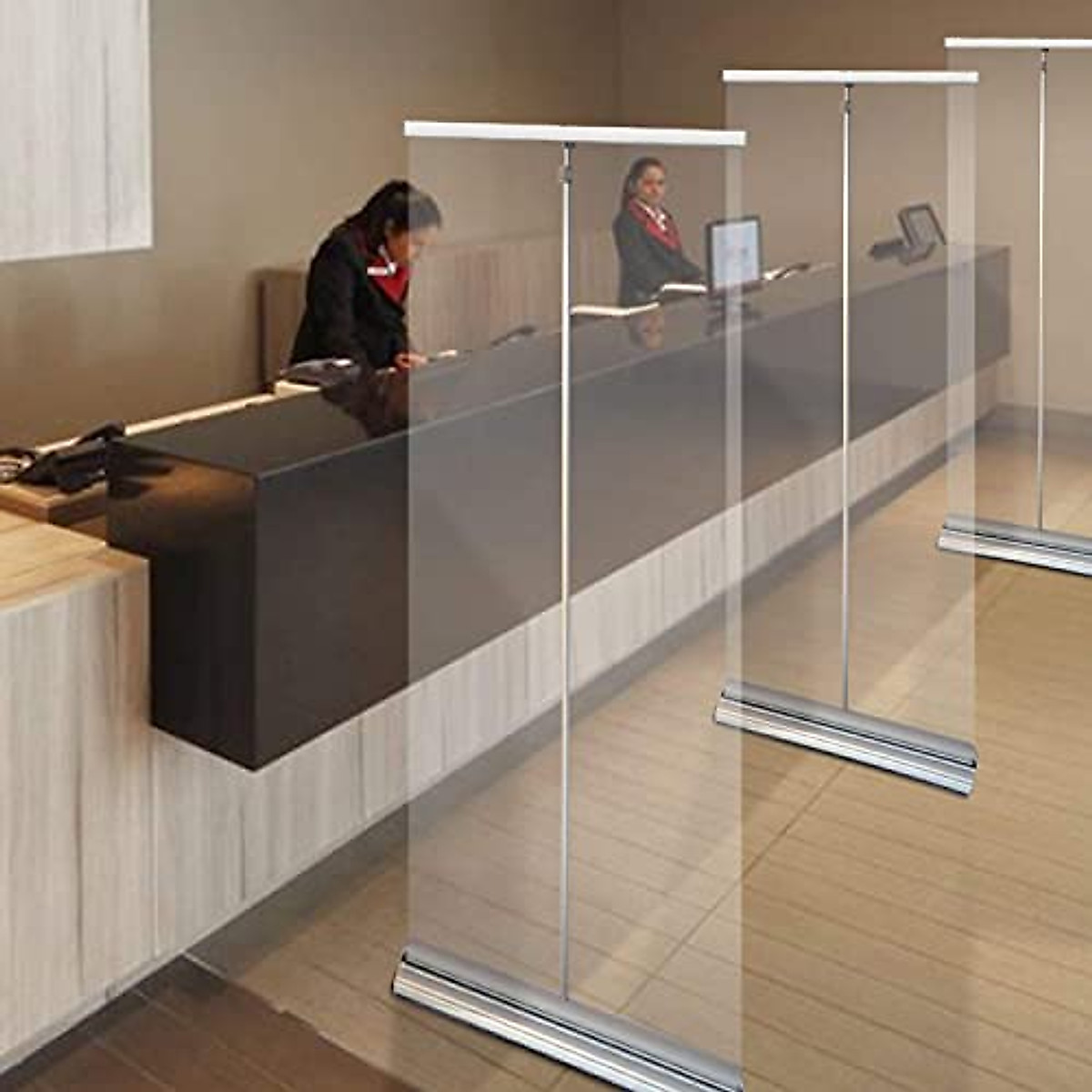 BannerBuzz Floor Standing Sneeze Guard - Full Tarp with Steppy Retractable Stand Isolation Barrier - Clear Film Protective Shield for Cafes, Retail Stores, Cashier, Receptionist (2.5' x 6.5')