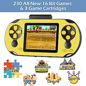 TaddToy 16 Bit Handheld Game for Kids Adults, 3.0'' Large Screen Preloaded 230 HD Classic Retro Video Games with USB Rechargeable Battery & 3 Game Cartridges for Birthday Gift for Kids 4-12 (Yellow)