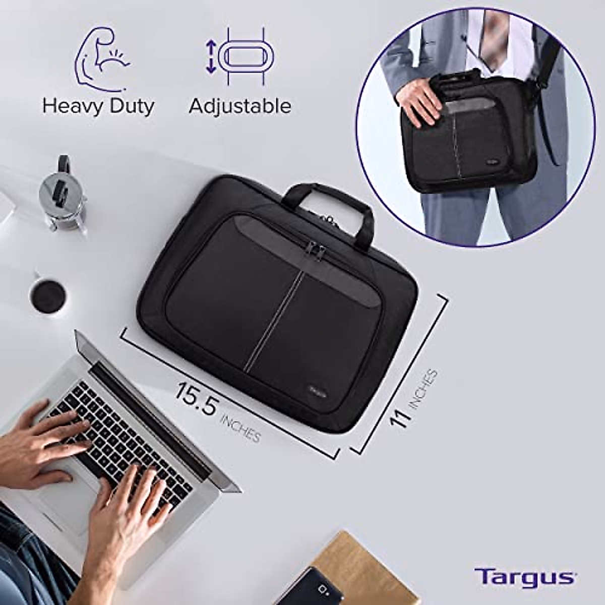 Targus Intellect Slim Slipcase Bag with Durable Water-Resistant Nylon, Two Large Exterior Pockets, Removable Shoulder Strap, Protective Sleeve for 14-Inch Laptop and Tablet, Black (TBT260)