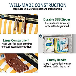 WDLHQC Hanging Travel Toiletry Bag with Hook | Water Proof Zip Bag with 4 Compartments + 2 Outer Zip Pockets | Cosmetic Travel Bag for Toiletries | Travel Essentials for Women & Men (Yellow Stripe)