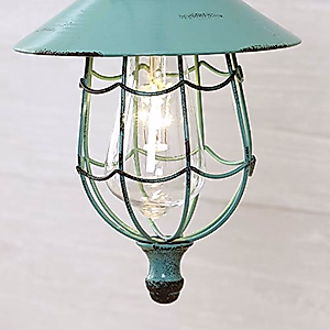Distressed Porch Lantern - Solar-Powered Light with Vintage-Style Cage - Green