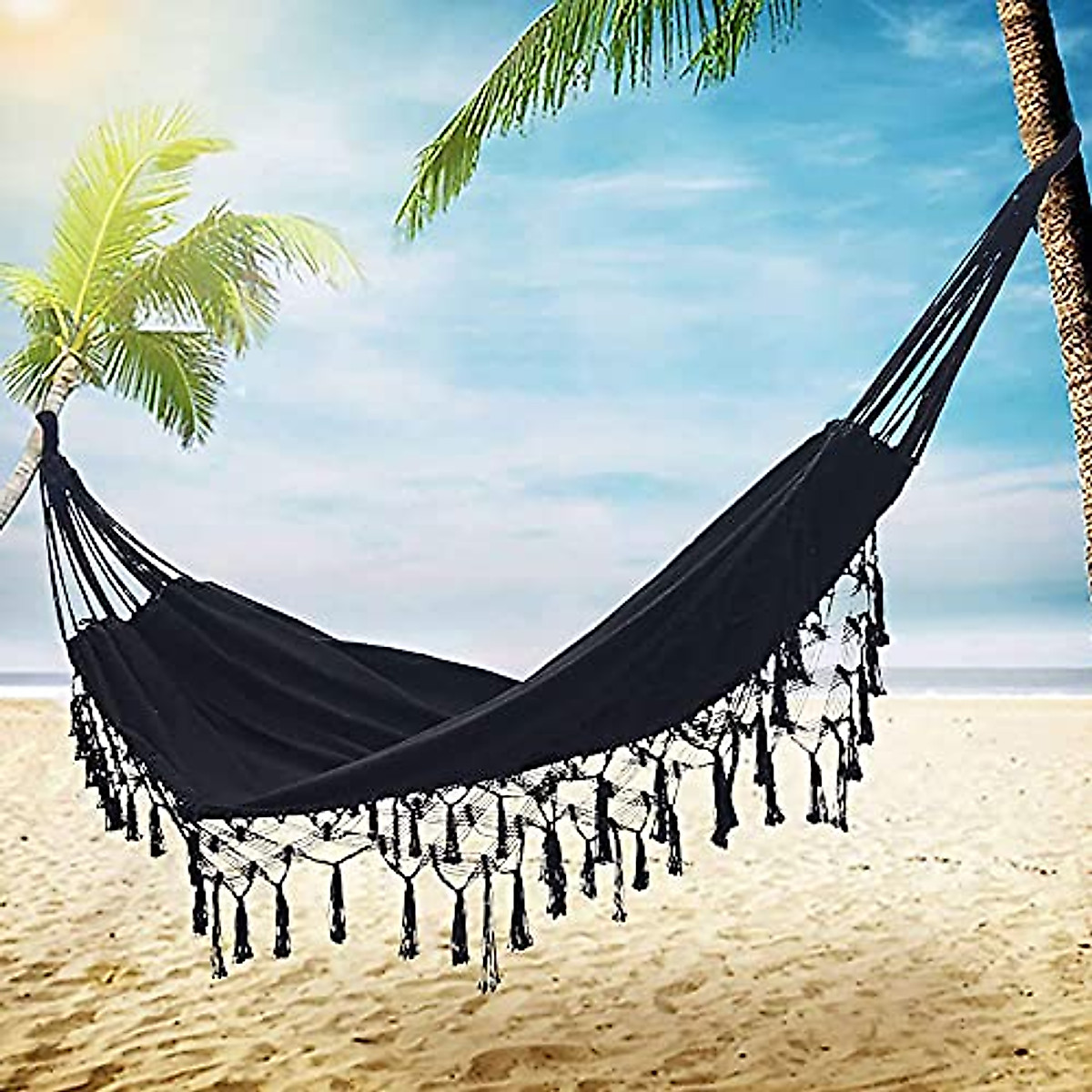 Xuanmuque Double Sized Boho Macrame Black Hammock with Elegant Tassels and Fishtail Knitting 485Lbs Includes Tie Ropes and Black Drawstring Bag for Women