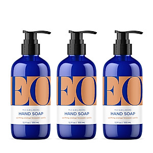 EO Liquid Hand Soap, 12 Ounce (Pack of 3), Orange Blossom and Vanilla, Organic Plant-Based Gentle Cleanser with Pure Essential Oils