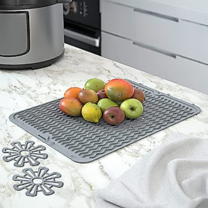 HowiseAcc Silicone Dish Drying Mat and 2 Trivets Mat,Drying Mat For Kitchen counter, Heat Resistant Mat,Easy Clean drainboard mat, Non-Slip Dish Drainer Pad for Kitchen Counter (L(16"×12"), Gray)