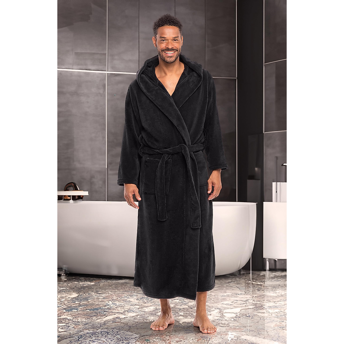 Alexander Del Rossa Mens Robe, Plush Fleece Hooded Bathrobe Men, Men's Bathrobes, Big and Tall Bath Robe for Men Black XL (A0125BLKXL)