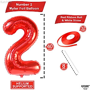 KatchOn, Big Red Number 2 Balloon - 40 Inch | 2nd Birthday Balloons for Two Fast Birthday Decorations | 2 Balloon Number for 2nd Birthday Decorations for Boys | Plim Plim Birthday Party Supplies