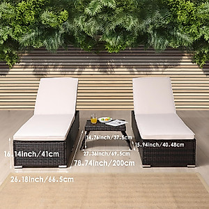 Asifom Set of 2 Chairs and Table, Outdoor Patio Lawn Garden Lounge Chairs, PE Wicker Chaise Lounges, Outside Pool Lounger Wicker Bed + Coffee Table, Adjustable Backrest Rattan Recliners with Cushions