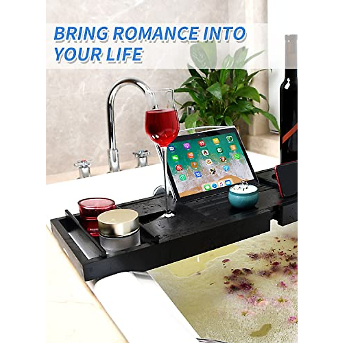 ZHTYRE Bathtub Tray Bathtub Shelf Extendable Bathtub Shelf with Bamboo Bookshelf and soap Tray 1 or 2 Person Bath and Bed Tray (Black) (Black)