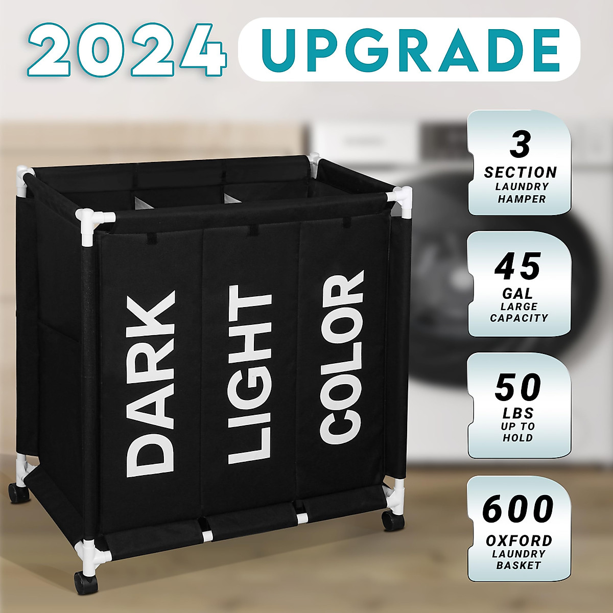 ZOES HOMEWARE Laundry Sorter 3 Section, 170L Laundry Cart with 3 × 15 Gal Compartment Laundry Hamper, Divided Laundry Separator, Laundry Basket Organizer, Black Laundry Hamper on Wheels