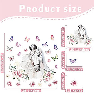 White Horses Wall Decals Farm Animal Decals Peel and Stick Wild Horse Wall Decor Butterfly Flowers Wall Stickers Horses Wall Art Mural for Living Room Kids Bedroom Nursery Farmhouse Office Decor Gift