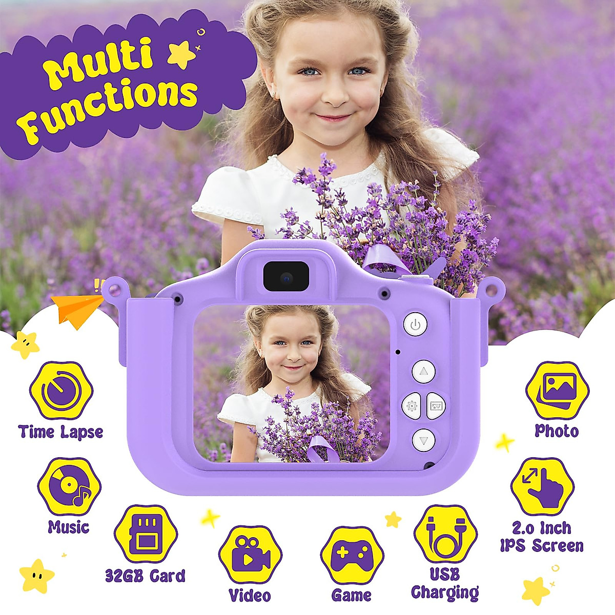Kids Camera Toddler Camera for Boys & Girls - 1080P HD Selfie Digital Video Camera for Kids with 32GB SD Card - Kids Digital Camera Christmas Birthday Gifts for 3 4 5 6 7 8 9 10 12 Year Old (Purple)