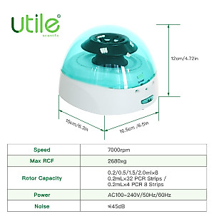 Utile Electric Benchtop Centrifuge Machine, with Maximum Speed of 7000RPM, Low Noise, Green Cover, 2 Rotors for 8 x 0.2/0.5/1.5/2.0ml and 0.2mL×32 PCR Strips or 0.2mL×4 PCR 8 Strips, 4620.1004.08.1