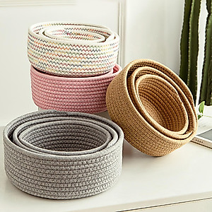 3-Piece Small Round Storage Basket Set Cotton Rope Woven Basket for Organizing, Key Tray, Nesting Bins Storage Organizer for Shelves, Closet, Counters, Entryway, Pink