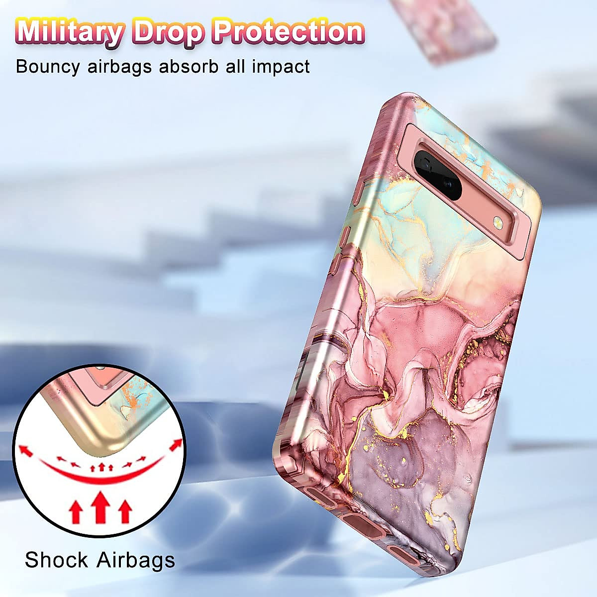 Btscase for Google Pixel 7A Case, [5 in 1] with 2 Pack Screen Protector + 2 Pack Camera Lens Protector, Marble Pattern Full Body Three Layer Rugged Shockproof Protective Cover (2023), Rose Gold