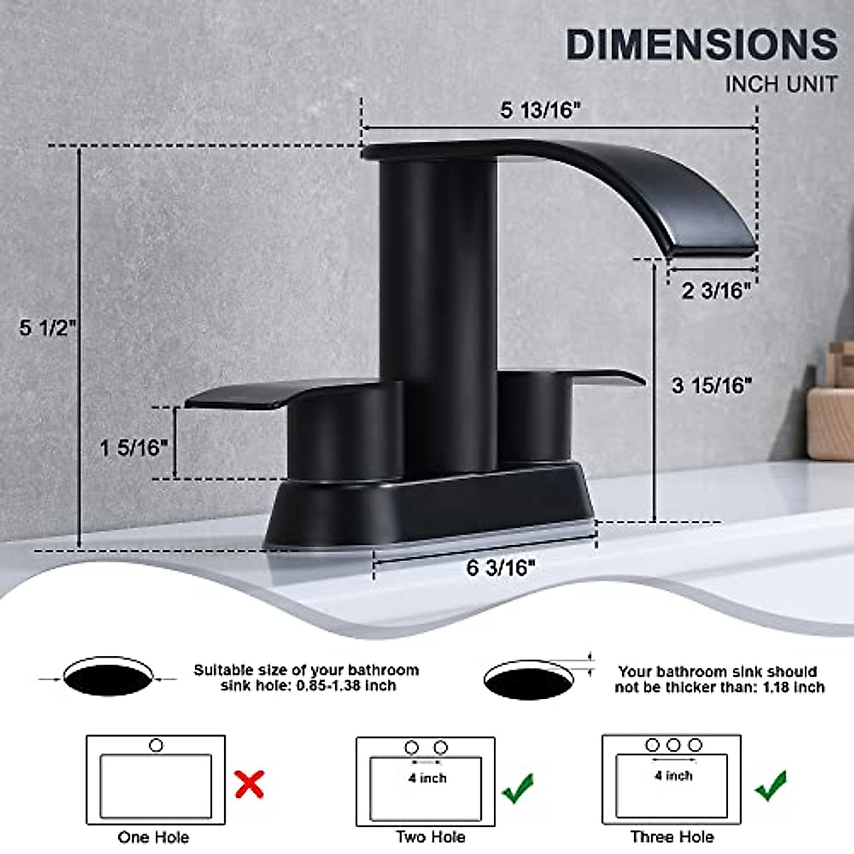 Ultimate Unicorn Waterfall Bathroom Sink Faucet Matte Black, Two Handles Bathroom Faucet with Metal Pop up Sink Drain Stopper, 2 or 3 Holes Bathroom Basin Lavatory Mixer Tap with Deck Mount Plate